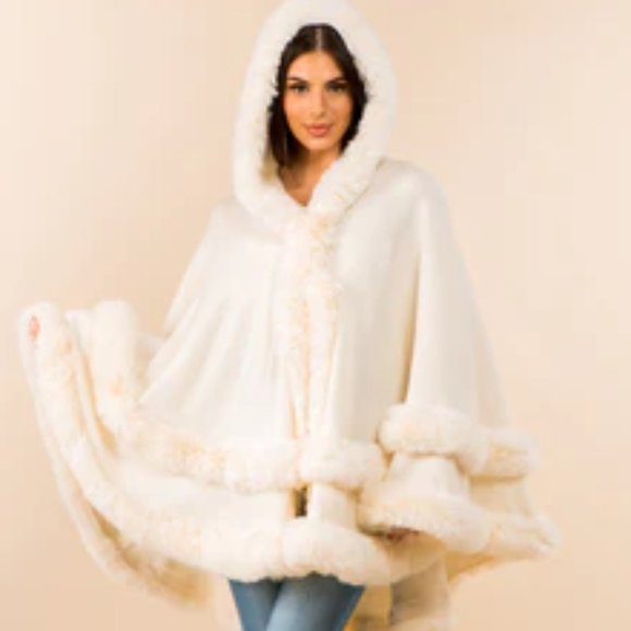 Jackets & Coats | Faux Fur Trim Cape Ruana With Hood | Poshmark